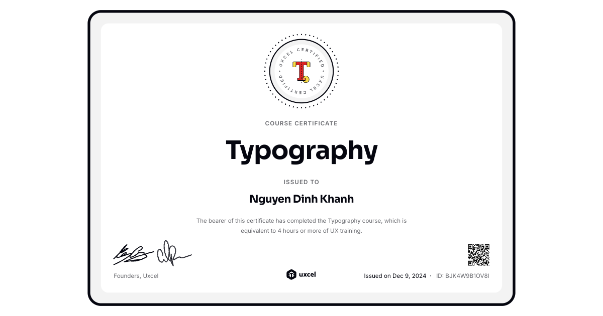 Certificate of completion for Typography | Uxcel